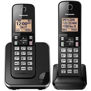 panasonic expandable cordless phone system with amber backlit display – 2 handsets – kx-tgc352b (black)