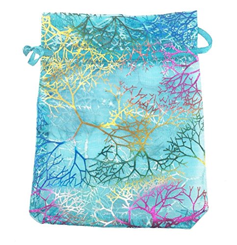 SumDirect 100Pcs Blue Organza Drawstring Bags Jewelry Pouches, Coralline Pattern Candy Chocolate Party Christmas Wedding Favor Gift Bags,3.5x4.7inches