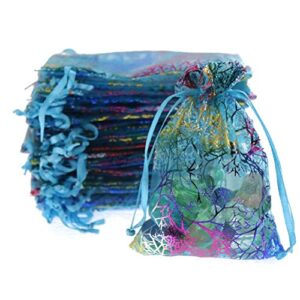 SumDirect 100Pcs Blue Organza Drawstring Bags Jewelry Pouches, Coralline Pattern Candy Chocolate Party Christmas Wedding Favor Gift Bags,3.5x4.7inches