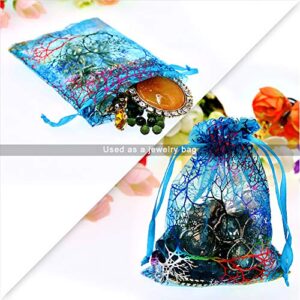 SumDirect 100Pcs Blue Organza Drawstring Bags Jewelry Pouches, Coralline Pattern Candy Chocolate Party Christmas Wedding Favor Gift Bags,3.5x4.7inches