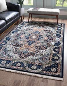 unique loom narenj collection classic traditional medallion textured design area rug, 5 x 8 ft, navy blue/tan