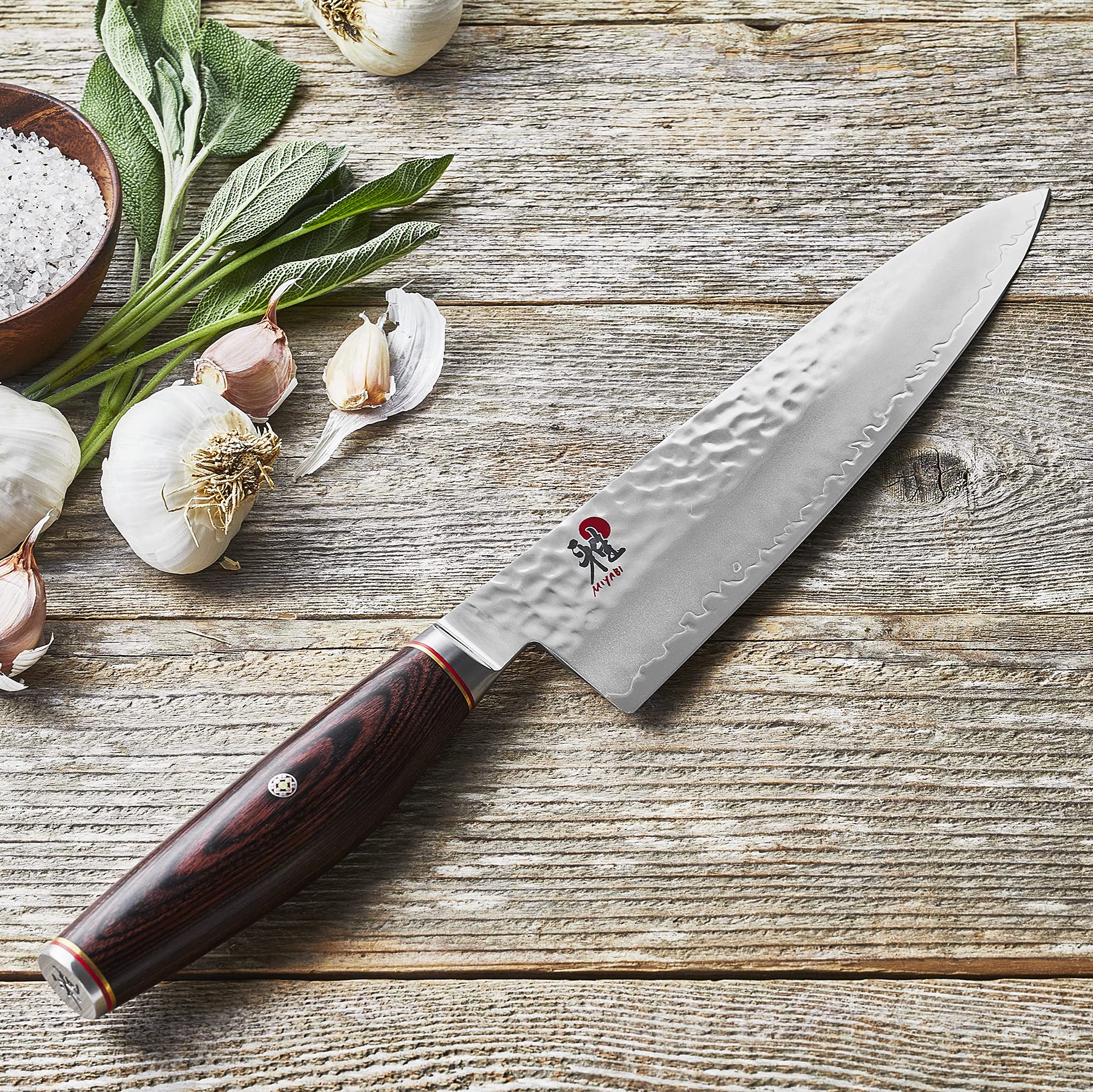 MIYABI Artisan 8-inch Chef’s Knife, Made in Japan, Sharp Hanbazuke Finish, Pakka Wood Handle