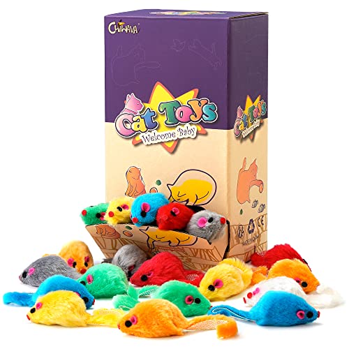 CHIWAVA 36PCS 4.1'' Furry Cat Toy Mice Rattle Small Mouse Kitten Interactive Play Assorted Color