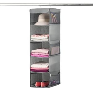 zober hanging closet organizer and storage shelves - 5-shelf wardrobe clothes organizer for dorm room, baby nursery, small closet storage - 12" x 11.5" x 42", grey