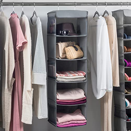 ZOBER Hanging Closet Organizer and Storage Shelves - 5-Shelf Wardrobe Clothes Organizer for Dorm Room, Baby Nursery, Small Closet Storage - 12" x 11.5" x 42", Grey