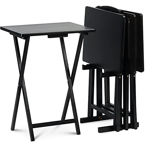 PJ Wood Folding TV Tray Table & Snack Table with Storage Rack, Black - 5 Piece Set