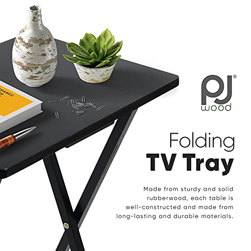 PJ Wood Folding TV Tray Table & Snack Table with Storage Rack, Black - 5 Piece Set