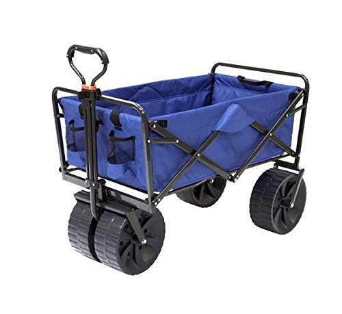 Mac Sports Heavy Duty Steel Frame Collapsible Folding 150 Pound Capacity Outdoor Beach Garden Utility Wagon Cart with 4 All Terrain Wheels, Blue/Black