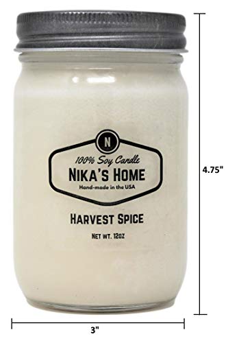 Nika's Home Harvest Spice Soy Candle 12oz Mason Jar Non-Toxic White Candle-Hand Poured Handmade, Clean Long Burning 50-60 Hours Highly Scented Pumpkin All Natural, Pumpkin Spice Gift Décor