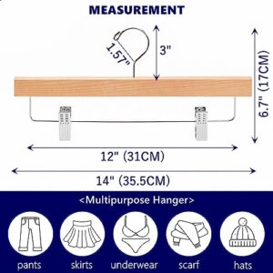 Amber Home 10 Pack Natural Wooden Pants Skirts Hangers, Solid Wood Trousers Bottom Hanger with 2-Adjustable Clips, Clip Hangers for Slacks, Jeans, Shorts (Natural, 10 Pack)