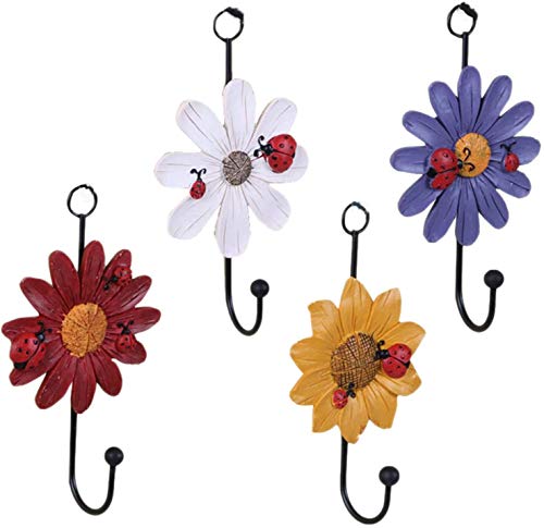 Creative Daisy Resin Wall Hooks Wall Mounted Art Flower Iron Hook Hand-Painted Hanging Coat / Hat /Key/ Towel Hooks Home Decoration(Set of 4)