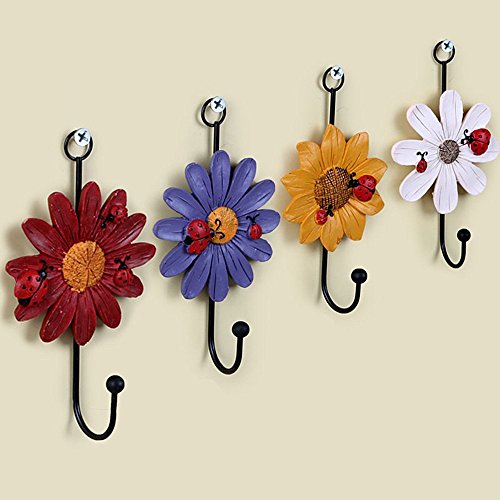 Creative Daisy Resin Wall Hooks Wall Mounted Art Flower Iron Hook Hand-Painted Hanging Coat / Hat /Key/ Towel Hooks Home Decoration(Set of 4)