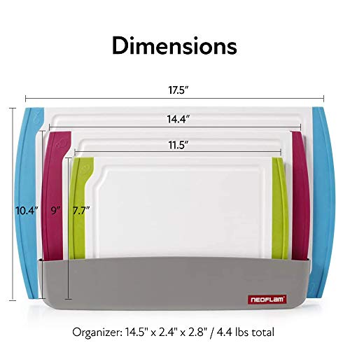 Neoflam 4 Piece Plastic Coded Cutting Board Plus Organizer with Food Icon, Microban Protection, Extra Large, BPA Free, Juice Groove, Non Slip, Dishwasher Safe, 4pc Set, Multicolor