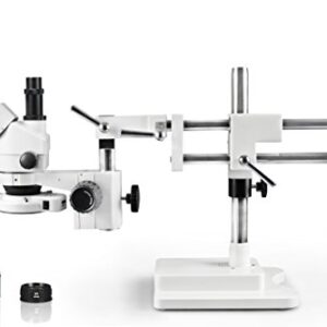 Vision Scientific VS-5FZ-IFR07 Simul-Focal Trinocular Zoom Stereo Microscope,10x WF Eyepiece,0.7X-4.5X Zoom,3.5X—90x Magnification,0.5X & 2X Auxiliary Lens, Double Arm Boom Stand, 144-LED Ring Light