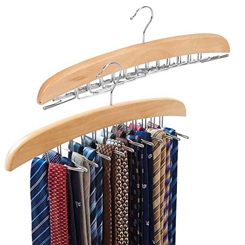 EZOWare 2 PC Belt Tie Hanger Racks, 24 Clip Hook Wooden Holder with 360 Degree Rotating for Hanging Storage Organizer, Men Closet Accessory, Women Tank Top, Scarves, Bras, Camisoles - Beige