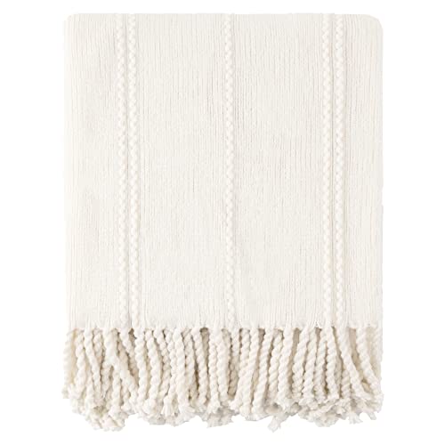 BATTILO HOME White Throw Blanket for Couch, Knitted Cream Throw Blankets for Bed, Decorative Woven Throws with Tassel, Soft Warm Off White Blanket for All Season(White, 50"x 60")