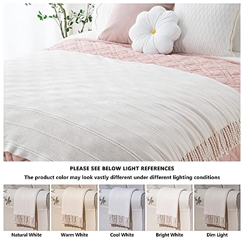 BATTILO HOME White Throw Blanket for Couch, Knitted Cream Throw Blankets for Bed, Decorative Woven Throws with Tassel, Soft Warm Off White Blanket for All Season(White, 50"x 60")