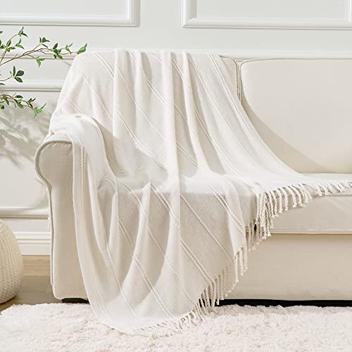 BATTILO HOME White Throw Blanket for Couch, Knitted Cream Throw Blankets for Bed, Decorative Woven Throws with Tassel, Soft Warm Off White Blanket for All Season(White, 50"x 60")