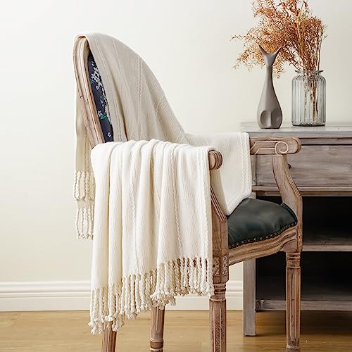 BATTILO HOME White Throw Blanket for Couch, Knitted Cream Throw Blankets for Bed, Decorative Woven Throws with Tassel, Soft Warm Off White Blanket for All Season(White, 50"x 60")