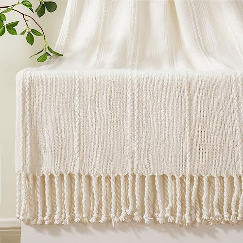 BATTILO HOME White Throw Blanket for Couch, Knitted Cream Throw Blankets for Bed, Decorative Woven Throws with Tassel, Soft Warm Off White Blanket for All Season(White, 50"x 60")