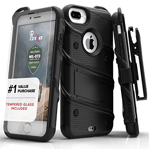 Zizo BOLT Series compatible with iPhone 8 Plus Case Military Grade Drop Tested Tempered Glass Screen Protector Holster iPhone 7 Plus case BLACK