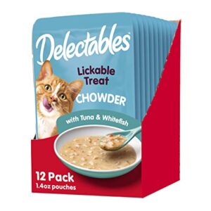 Hartz Delectables Chowder Lickable Wet Cat Treats for Kitten, Adult & Senior Cats, Tuna & Whitefish, 12 Count