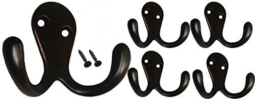 OrganizeCity Heavy Duty Double Prong Coat and Hat Hook with Ball Tip, 5 Pack (Screws Included) Wall Mount, Oil Rubbed Bronze- 1 ¾’’ x 2 ¾’’ x 1’’