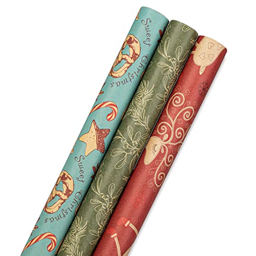 K-Kraft Vintage Prints Christmas Kraft Wrapping Paper Sets - 112.5 Square feet per Set (Mistletoe-Reindeer-SodaShoppe)