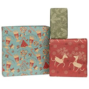 K-Kraft Vintage Prints Christmas Kraft Wrapping Paper Sets - 112.5 Square feet per Set (Mistletoe-Reindeer-SodaShoppe)