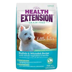 health extension little bites dry dog food, natural food with vitamins & minerals, suitable for all puppies, grain free buffalo & whitefish recipe with whole vegetable & berries (10 pound / 4.5 kg)