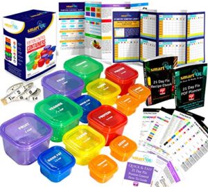 21 day portion control containers kit - nutrition diet, multi-color coded weight loss system. complete guide + pdf planner + recipe ebook and tape measure - bpa free - 14 pc labeled