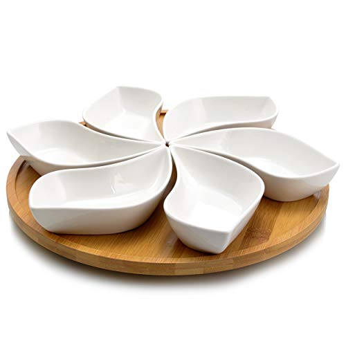 Elama Ceramic Stoneware Condiment Appetizer Set, 7 Piece, Wavy Round in White and Natural Bamboo