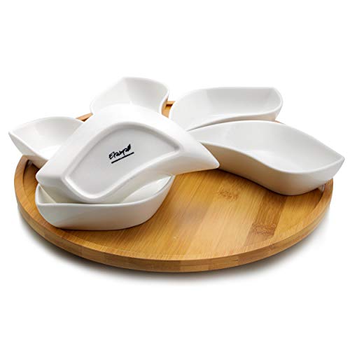 Elama Ceramic Stoneware Condiment Appetizer Set, 7 Piece, Wavy Round in White and Natural Bamboo