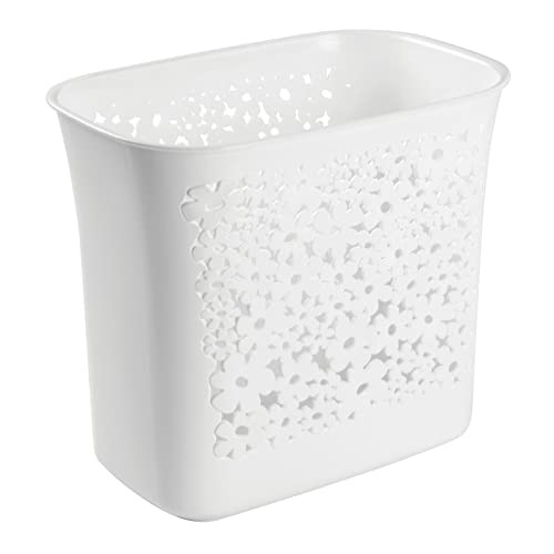 mDesign Decorative Oval Trash Can Wastebasket, Garbage Container Bin for Bathrooms, Powder Rooms, Kitchens, Home Offices - Flower Design - White