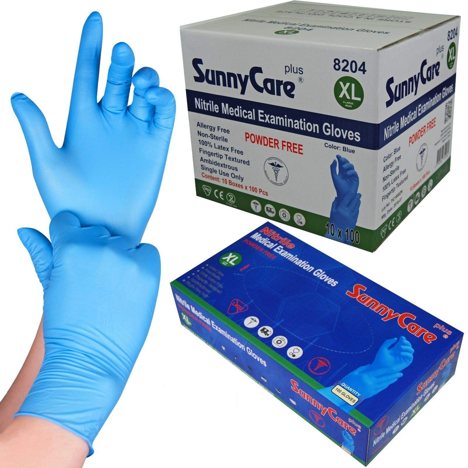 SunnyCare #8204 1000/1cases Blue Nitrile Medical Exam Gloves Powder Free Chemo-Rated (Latex Vinyl Free) X-Large