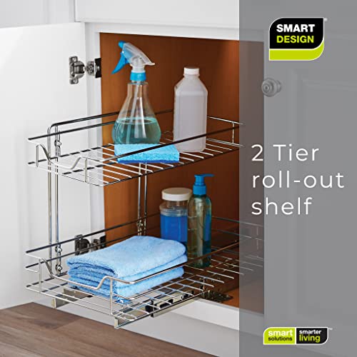 Smart Design Pull-Out Cabinet Organizer – 2-Tier Chrome, Small Top, Medium Bottom – Steel Sliding Cabinet Organizer Holds Up To 100 lbs. for Optimal Home Organization and Storage