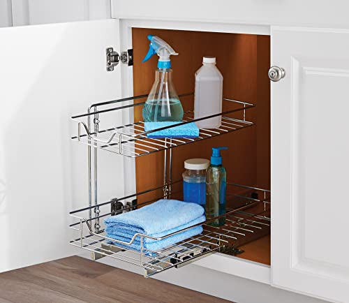 Smart Design Pull-Out Cabinet Organizer – 2-Tier Chrome, Small Top, Medium Bottom – Steel Sliding Cabinet Organizer Holds Up To 100 lbs. for Optimal Home Organization and Storage