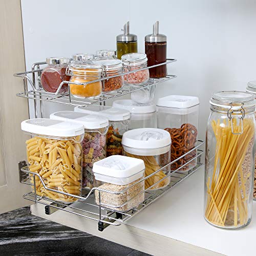 Smart Design Pull-Out Cabinet Organizer – 2-Tier Chrome, Small Top, Medium Bottom – Steel Sliding Cabinet Organizer Holds Up To 100 lbs. for Optimal Home Organization and Storage