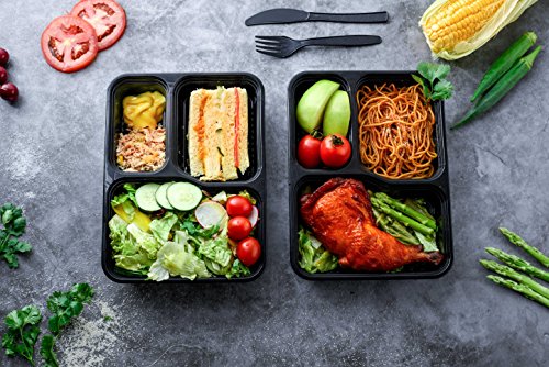 Glotoch 50Pack 34oz Meal Prep Container Microwave Safe,Disposable 3 Compartment Plastic Food Prep Containers with Lids for Food,Leftover BPA Free, Dishwasher Safe