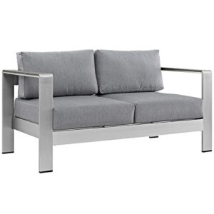 modway shore aluminum outdoor patio loveseat in silver gray