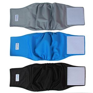 teamoy reusable wrap diapers for male dogs, washable puppy belly band pack of 3 (m, 13"-16" waist, black+ gray+ lake blue)