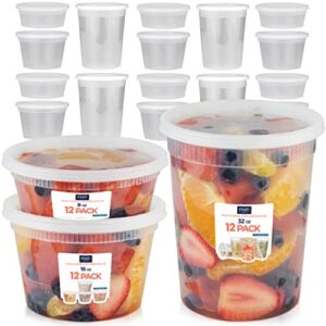 [36 pack, 3 sizes] food storage containers with lids, round plastic deli cups, us made, assorted 8 16 32 oz cup pint quart, leak proof airtight, microwave & dishwasher safe, stackable, reusable, white