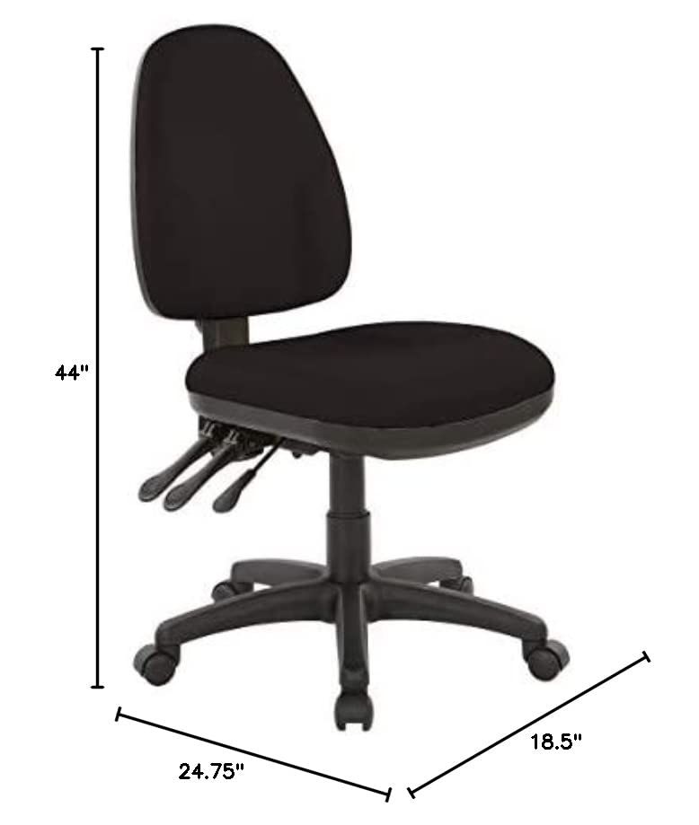 Office Star Ergonomic Dual Function Office Task Chair with Adjustable Padded Back and Built-in Lumbar Support, Armless, Dillon Black Fabric