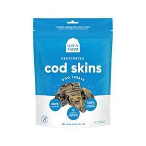 open farm dehydrated cod skin grain-free dog treats, one-ingredient gently cooked pacific fish recipe with no artificial flavors or preservatives, 2.25 oz