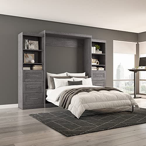 Bestar Pur Queen Murphy 2 Shelving Units with Drawers, 115-inch Space-Saving Wall Bed, Bark Grey