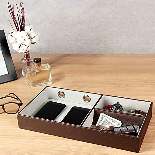 JACKCUBE DESIGN Nightstand Organizer for Men, Leather Valet Tray Key Wallet Phone Watch Glass Holder with 2 Charging Holes (Dark Brown, 14.2 x 7.7 x 2 inches) - MK234A