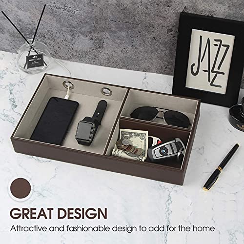 JACKCUBE DESIGN Nightstand Organizer for Men, Leather Valet Tray Key Wallet Phone Watch Glass Holder with 2 Charging Holes (Dark Brown, 14.2 x 7.7 x 2 inches) - MK234A