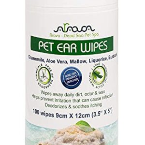 Ear Cleaner Wipes by Arava - for Dogs Cats Puppies & Kittens - 100 Count - Natural Medicated Cleansing Deodorizer - Removes Dirt Wax