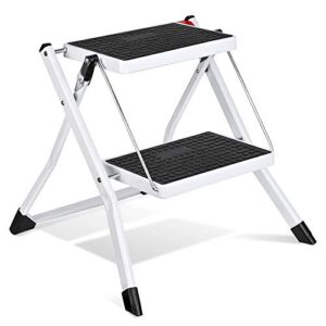 delxo step stool folding 2 step ladder heavy duty steel sturdy wide pedal lightweight anti-slip portable & collapsible two stool ladder kitchen closet 2 step stools for adults white stepladder