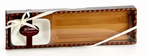 Artisano Designs La Panetteria Board with Dipping Dish Bread EVOO Serving Tray, Packaged Favor Dimensions Approx. 4.5” x 13" x 3.5" (11 x 33 x 9 cm). Bamboo 3.25" x 12.5" x 0.5" (8 x 32 cm x 1.2 cm